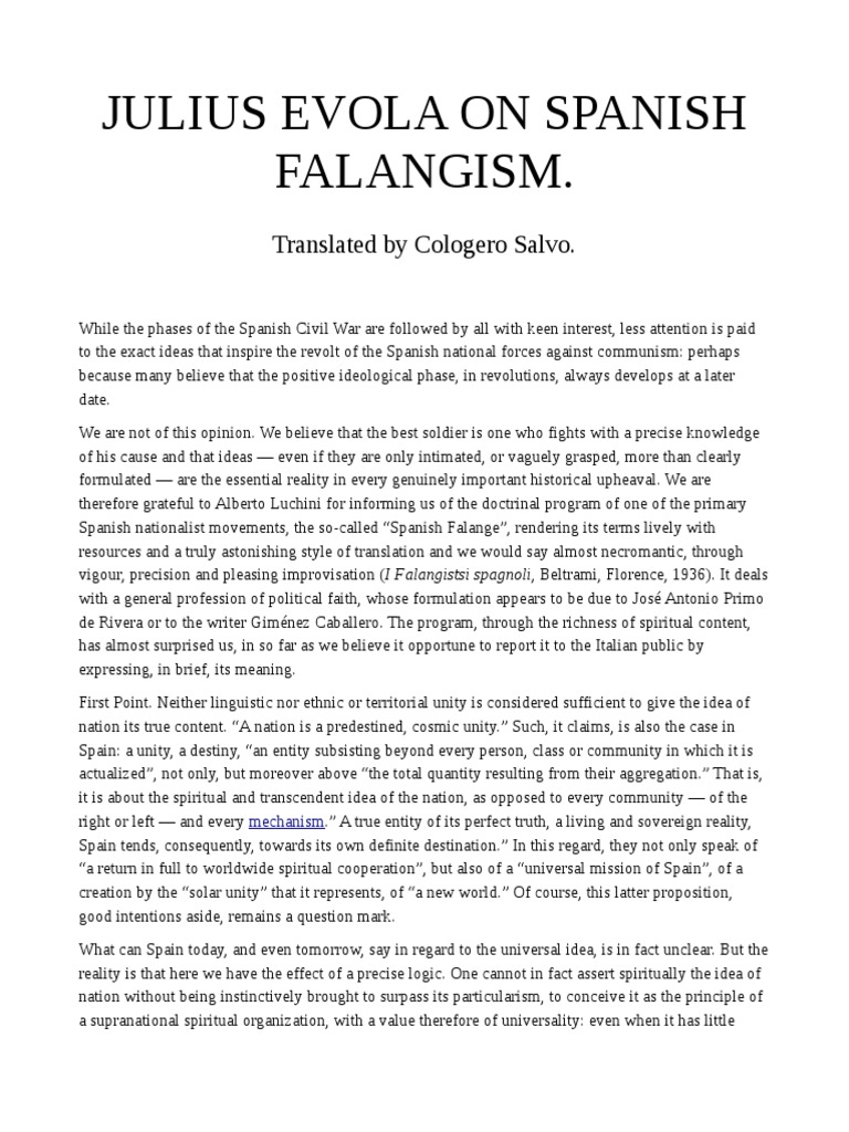 Julius Evola On Spanish Falangism.: Translated by Cologero Salvo ...