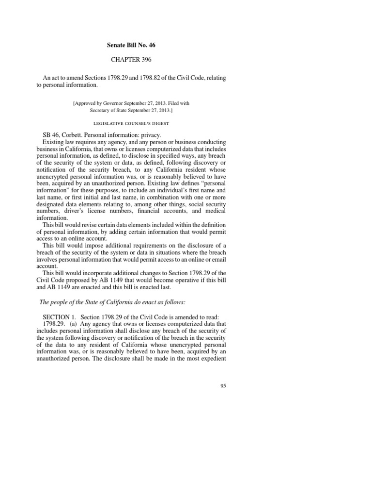 Senate Bill No. 46: Legislative Counsel's Digest | PDF | Information ...