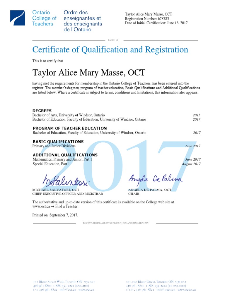 Certificate of Qualification and Registration: Taylor Alice Mary Masse ...