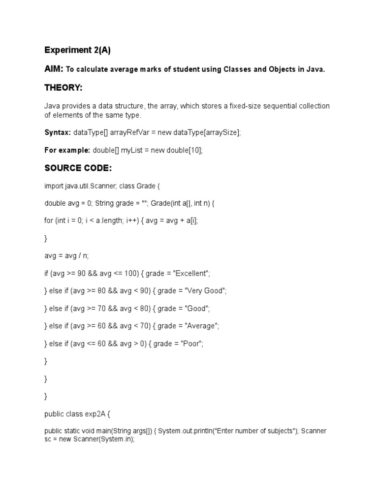 Experiment 2 (A) Aim: Theory:: To Calculate Average Marks of Student Using Classes and Objects ...