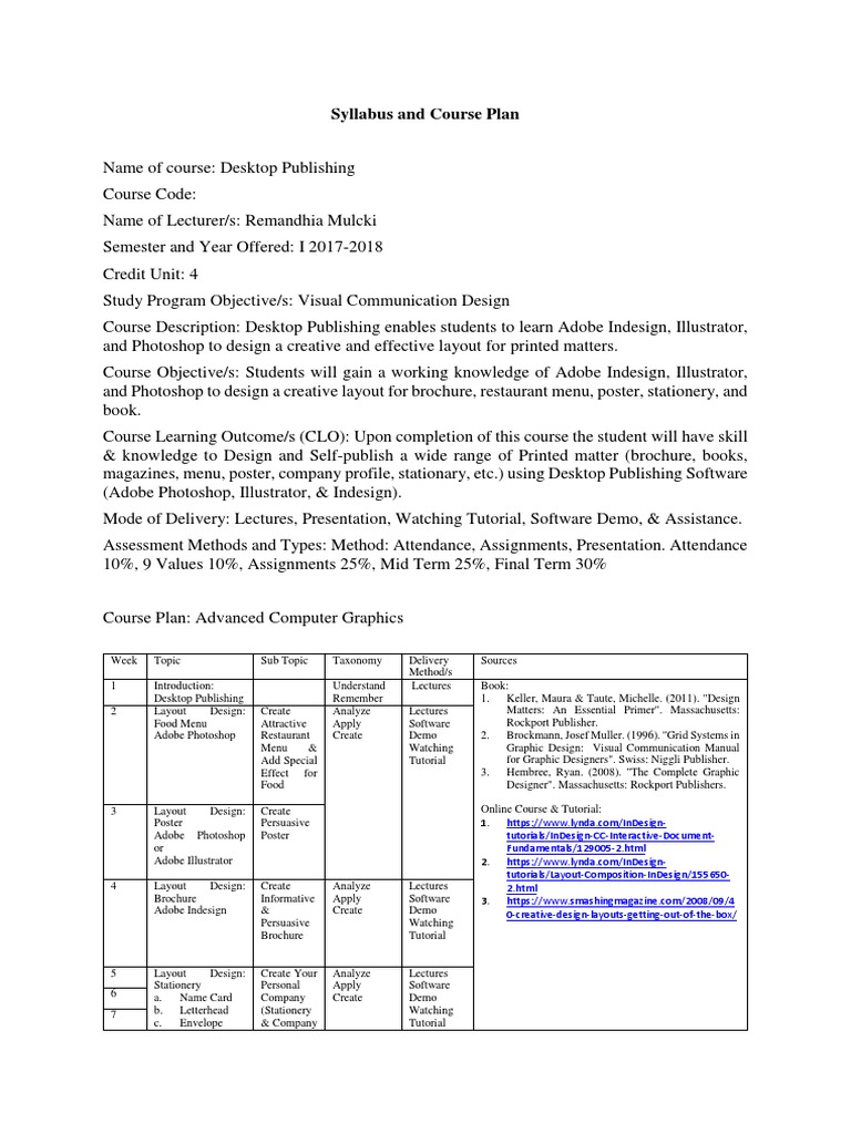 Syllabus and Learning Plan Desktop Publishing | PDF | Graphic Design ...