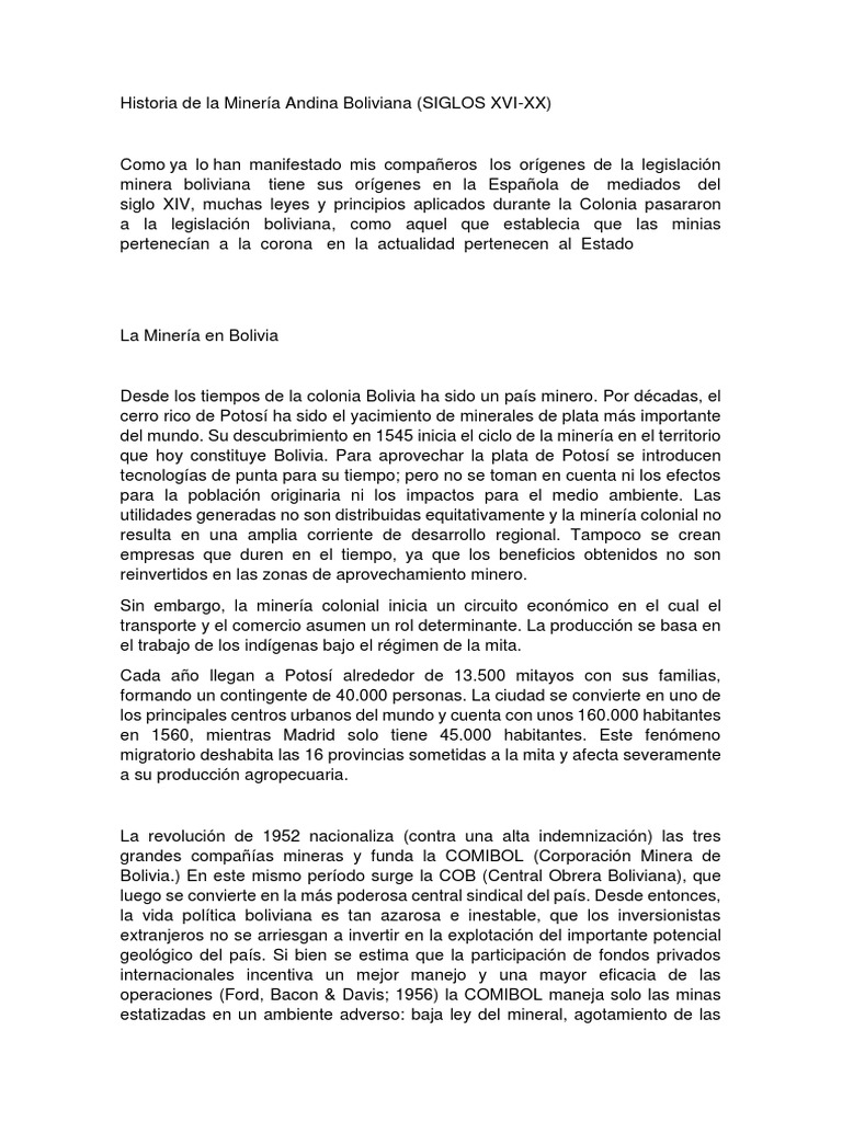 Historia de La Minería Andina Boliviana | PDF | Bolivia | Minería