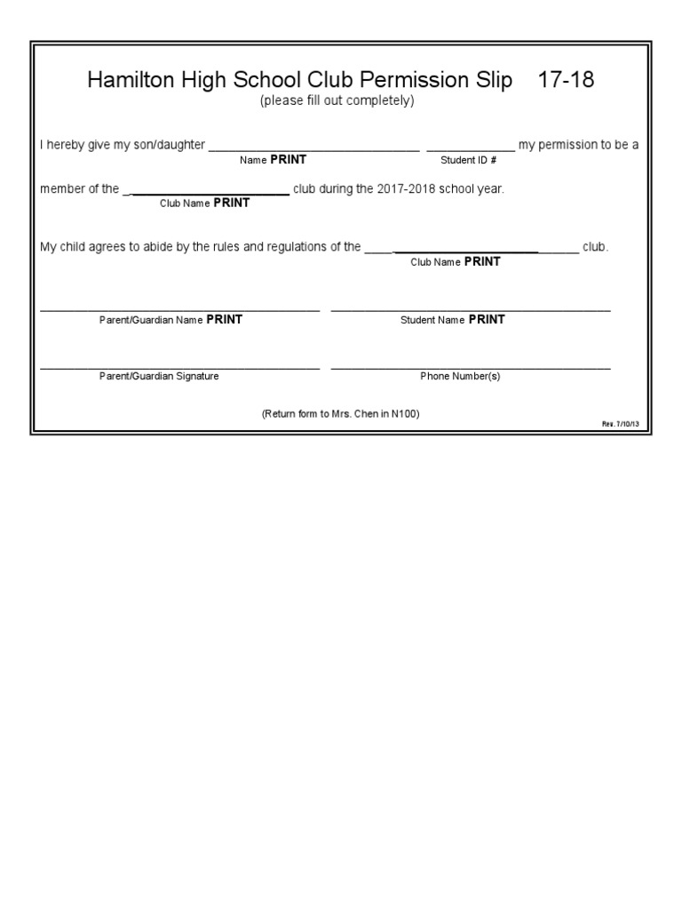 Hamilton High School Club Permission Slip 17-18: (Please Fill Out ...