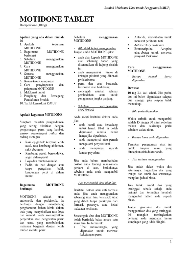 Motidone Tablet Domperidone DUOPHARMA M SDN BHD 21dec2015 BM | PDF