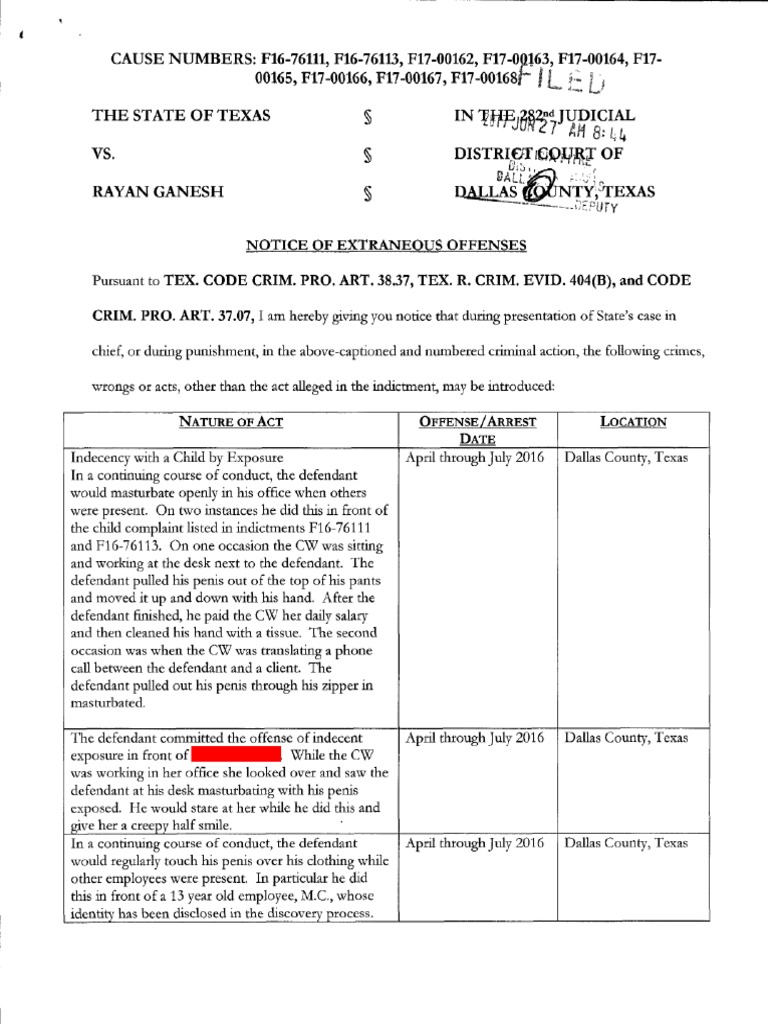 Rayan Ganesh - DA Filing - 6-27-2017 - Notice Extraneous Offenses ...
