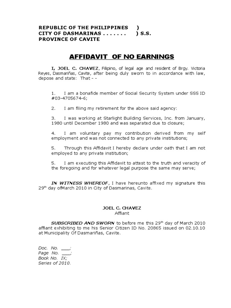 affidavit of no earnings | Affidavit | Social Institutions
