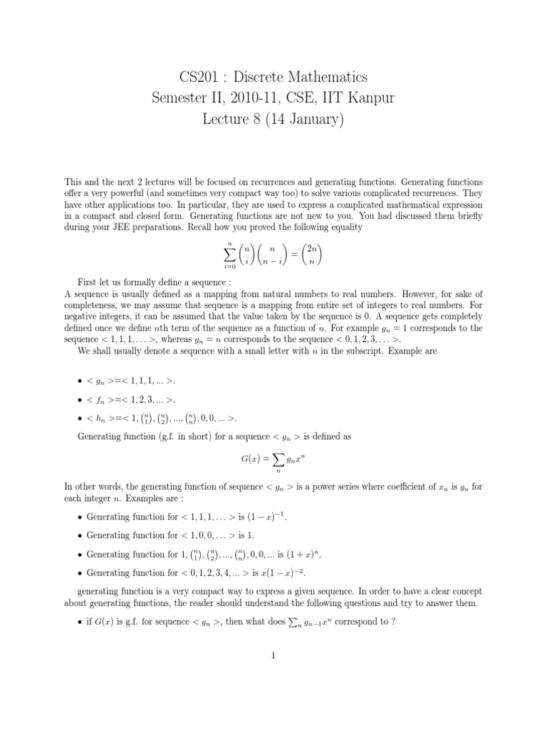 CS201: Discrete Mathematics Semester II, 2010-11, CSE, IIT Kanpur Lecture 8 (14 January) | PDF ...