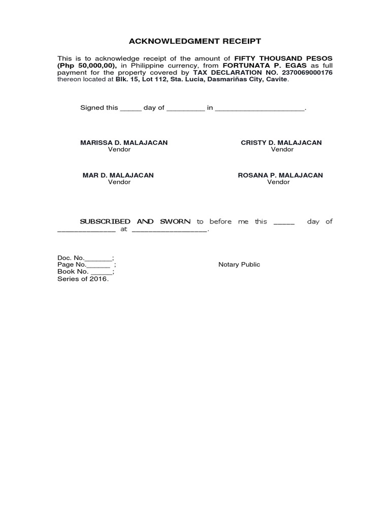 Acknowledgment Receipt: (PHP 50,000,00), in Philippine Currency, From ...