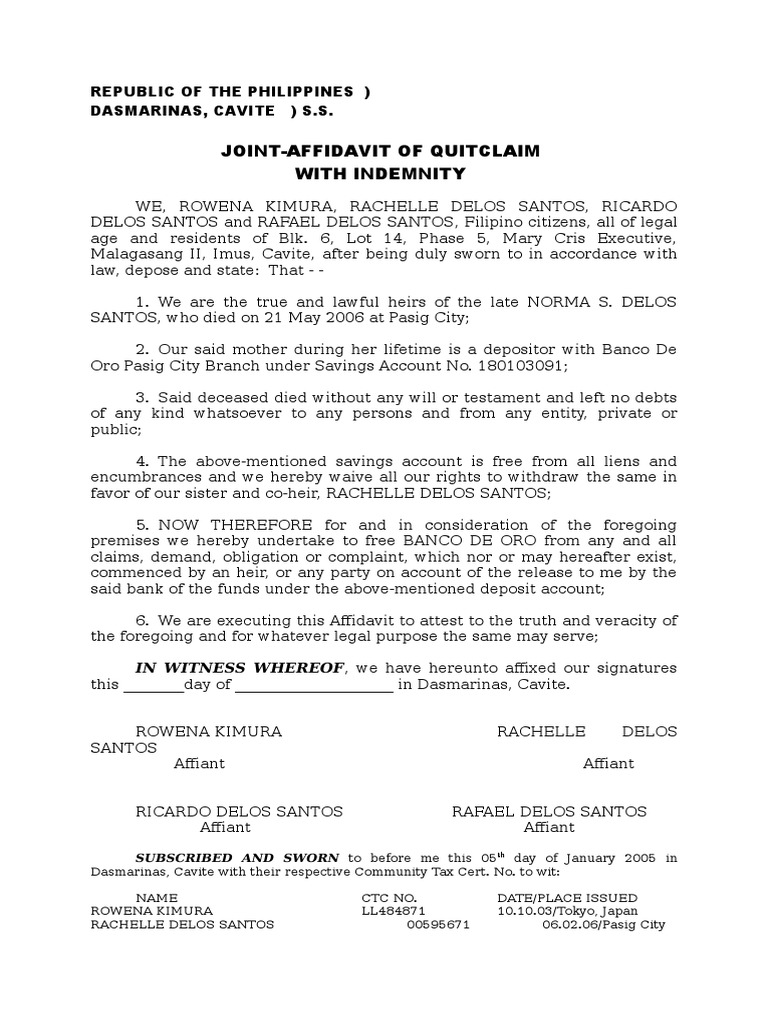 Affidavit of Quitclaim With Indemnity | PDF | Civil Law (Common Law ...