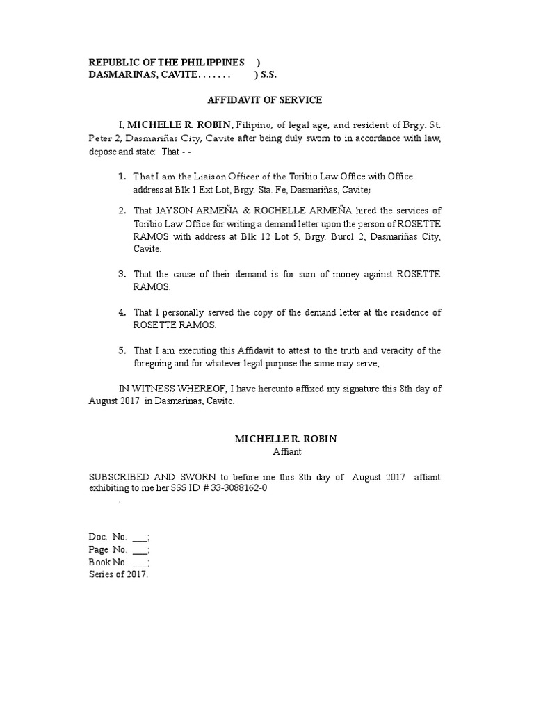 Affidavit of Service for Demand Letter | PDF