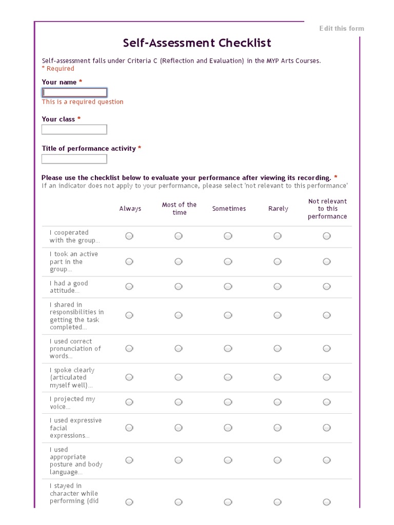Self-Assessment Checklist TEMPLATE | PDF | Cognitive Science ...