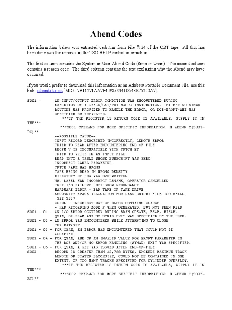 Abend Codes | PDF | Subroutine | Operating System Technology