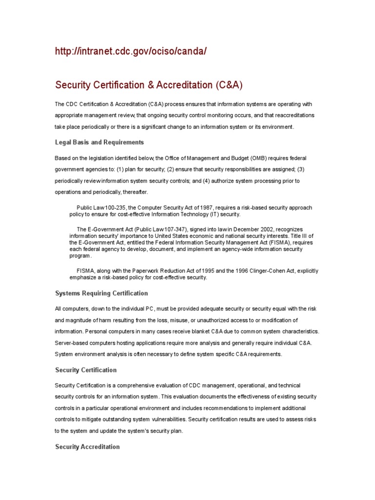 CDC Security Certification and Accreditation Plan (Intranet) | PDF ...