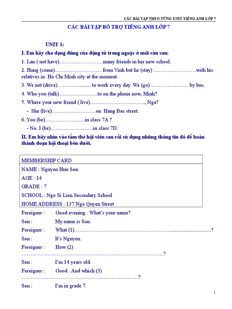 Cac Bai Tap Theo Tung Unit Chuan Tieng Anh Lop 7 | PDF