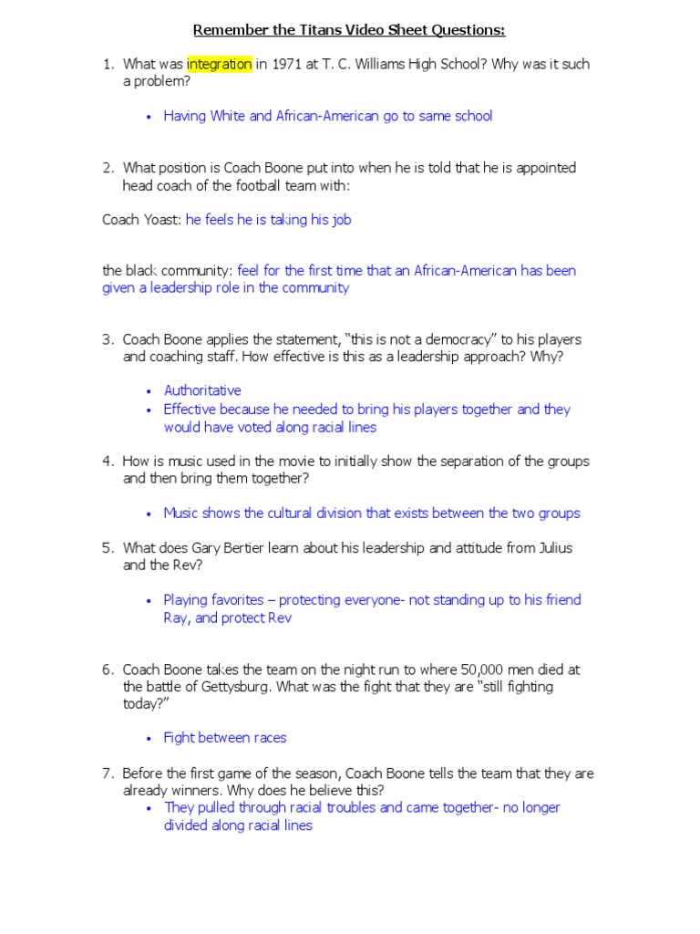 Remember the Titans Video Sheet Questions_KEY | Society | Racism