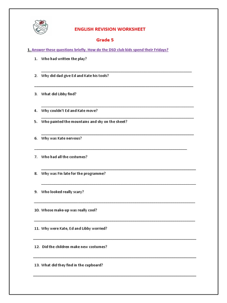 English Revision Worksheet Grade 5: Answer These Questions Briefly. How ...