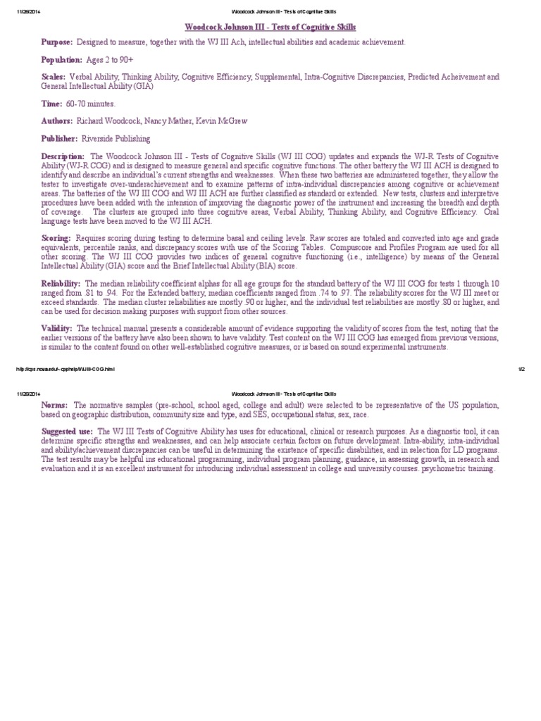 Woodcock Johnson III Cognitive Tests Overview | PDF | Validity ...