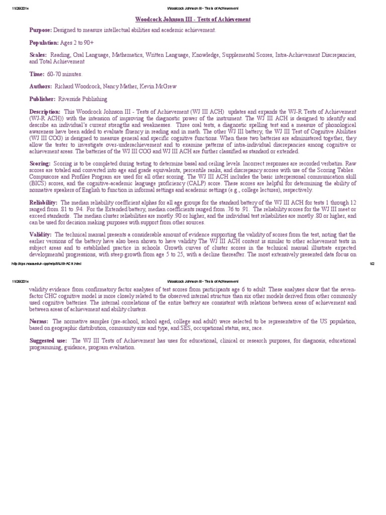 Woodcock Johnson III - Tests of Achievement | PDF | Validity ...