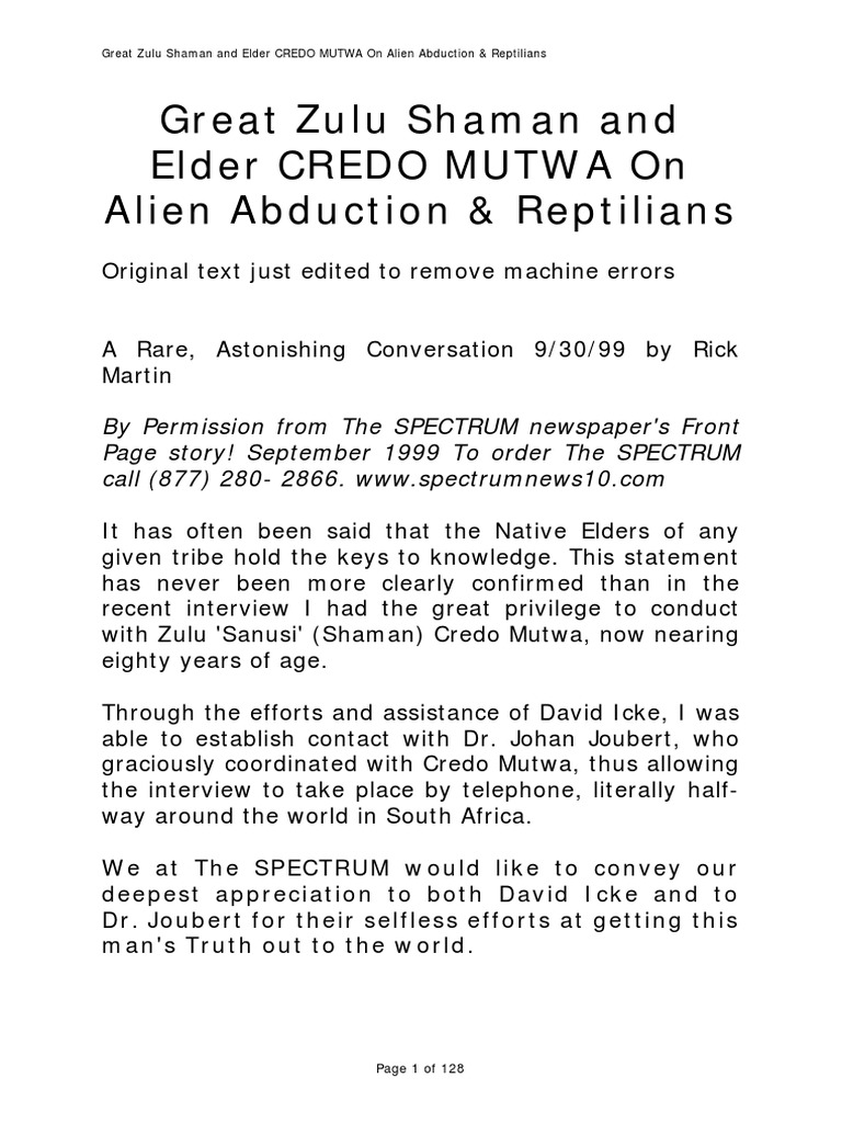 Great Zulu Shaman and Elder CREDO MUTWA On Alien Abduction Reptilians ...