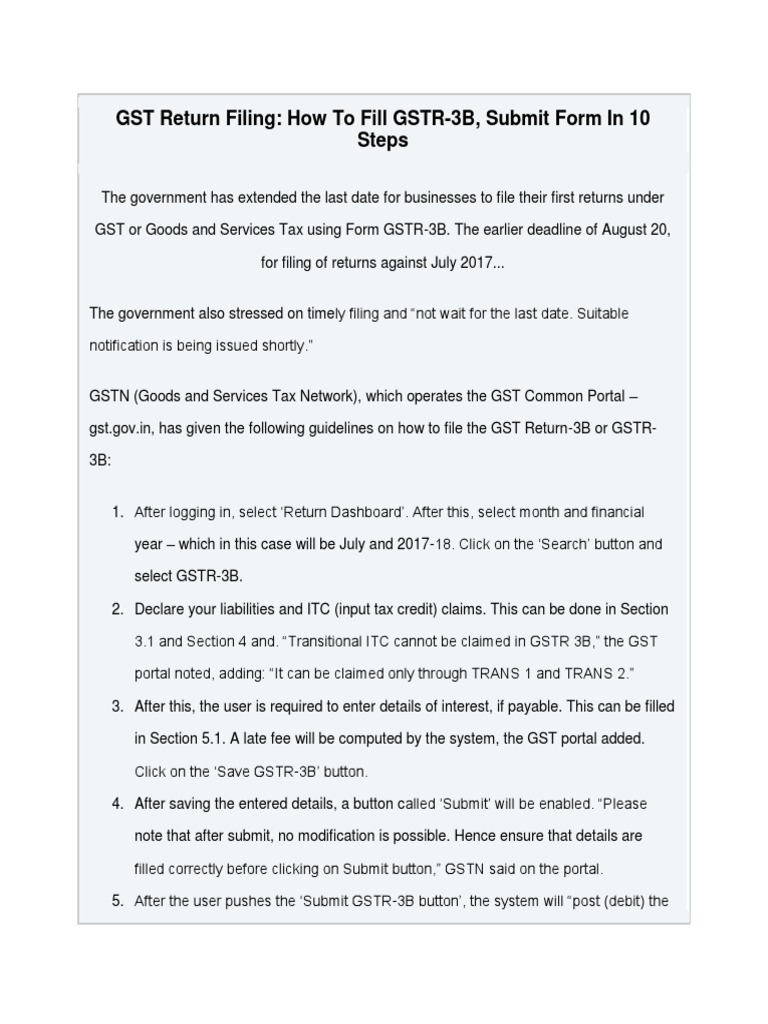 GST Return Filing: How To Fill GSTR-3B, Submit Form in 10 Steps | PDF ...
