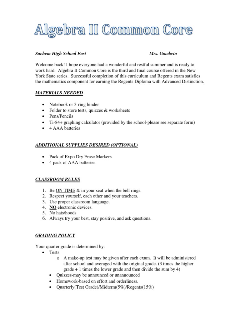 Algebra 2 CC Welcome Letter | PDF | Regents Examinations | Test ...