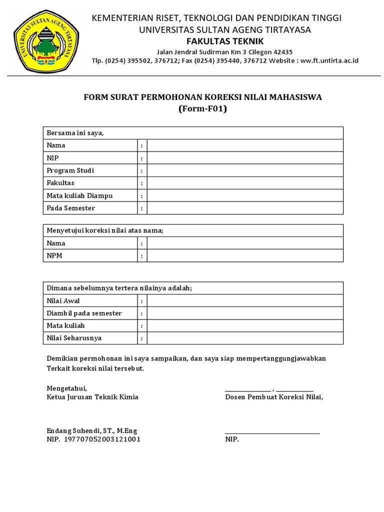 77form Surat Permohonan Perbaikan Nilai Mhs JTK | PDF