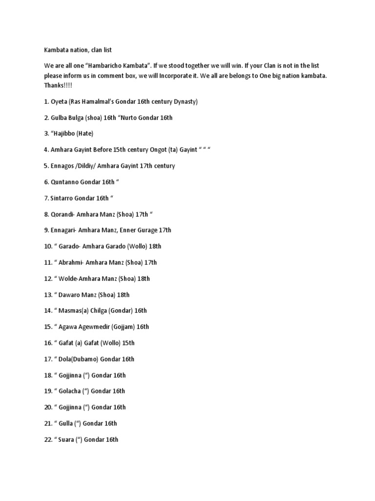 Kambata Nation, Clan List | PDF | Multiracial Affairs | Ethnic Groups