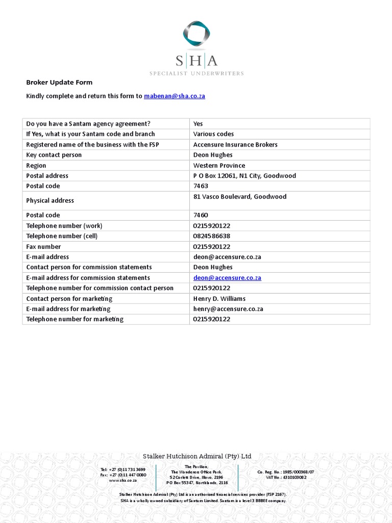 SHA Broker Update Form - October 2015 | PDF | Telecommunications ...