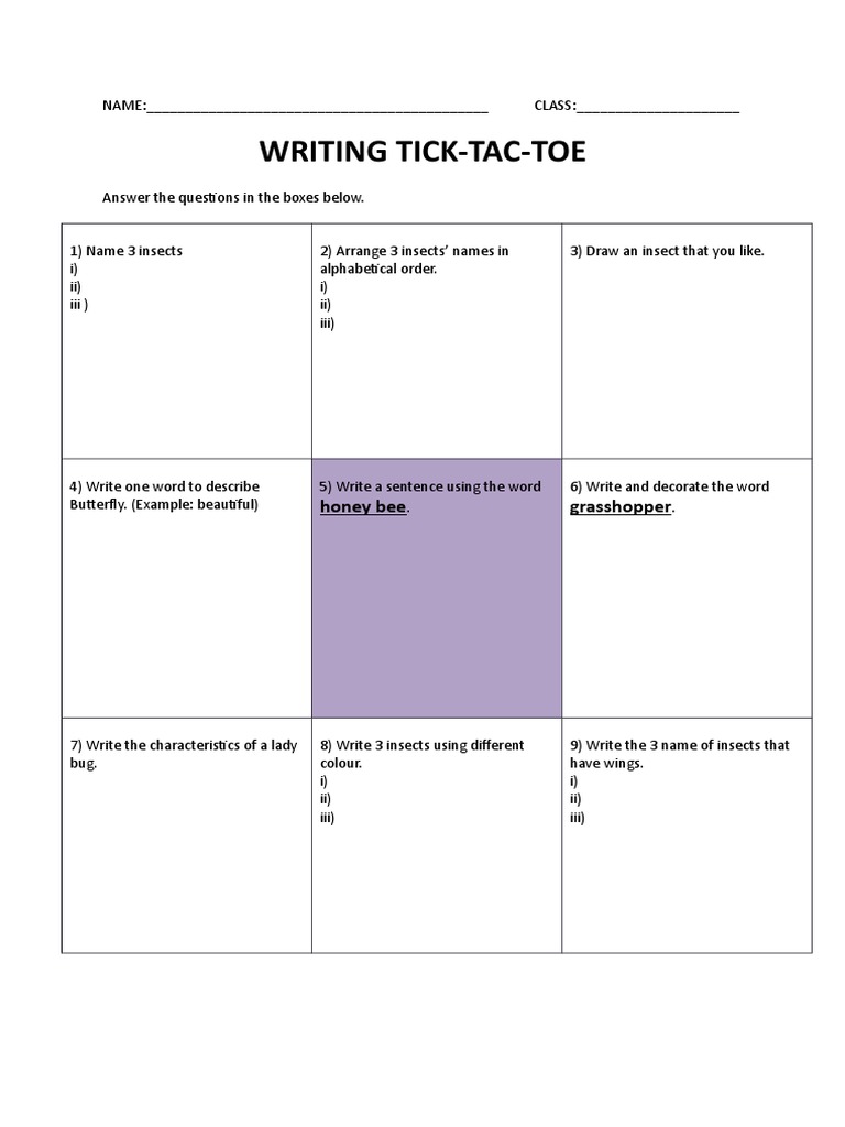 Writing Tick-Tac-Toe: Honey Bee Grasshopper | PDF