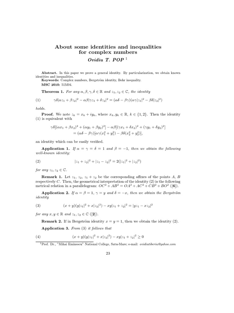 Generalizing Known Identities and Inequalities for Complex Numbers ...