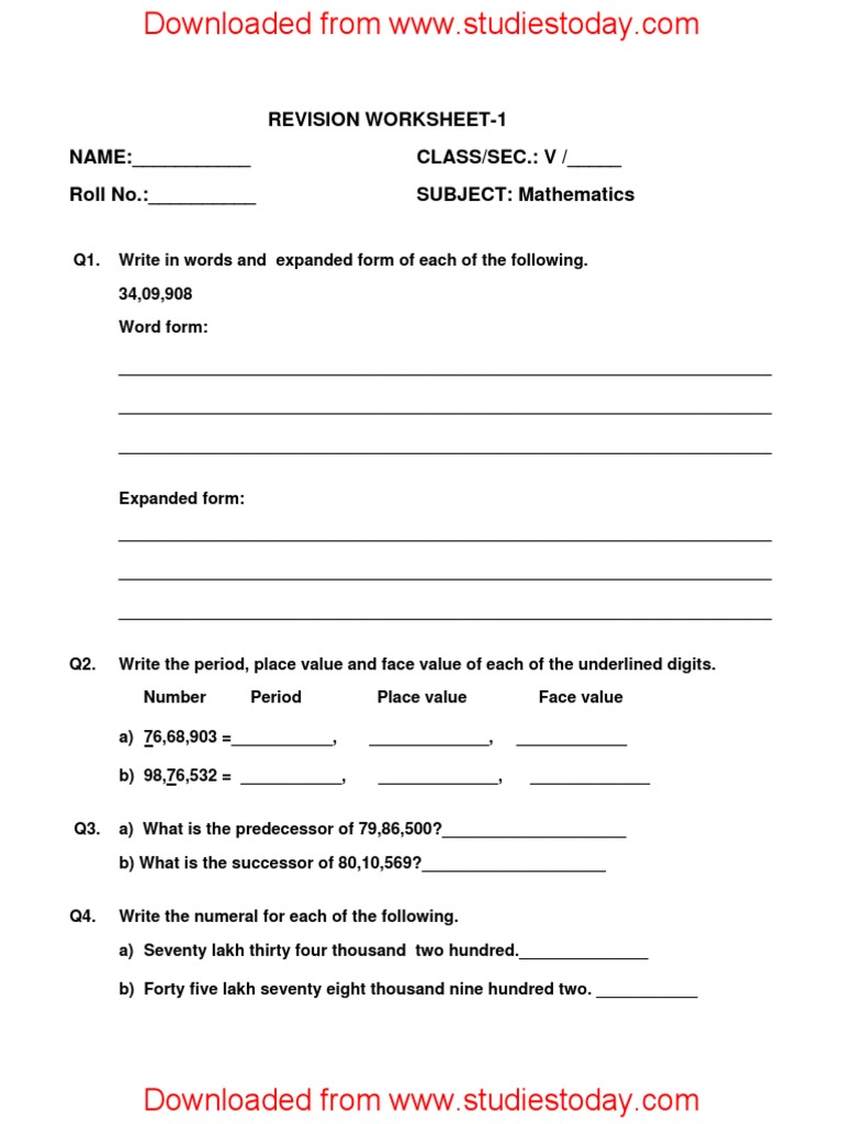 CBSE Class 5 Mathematics Assignment | PDF | Mathematical Notation ...