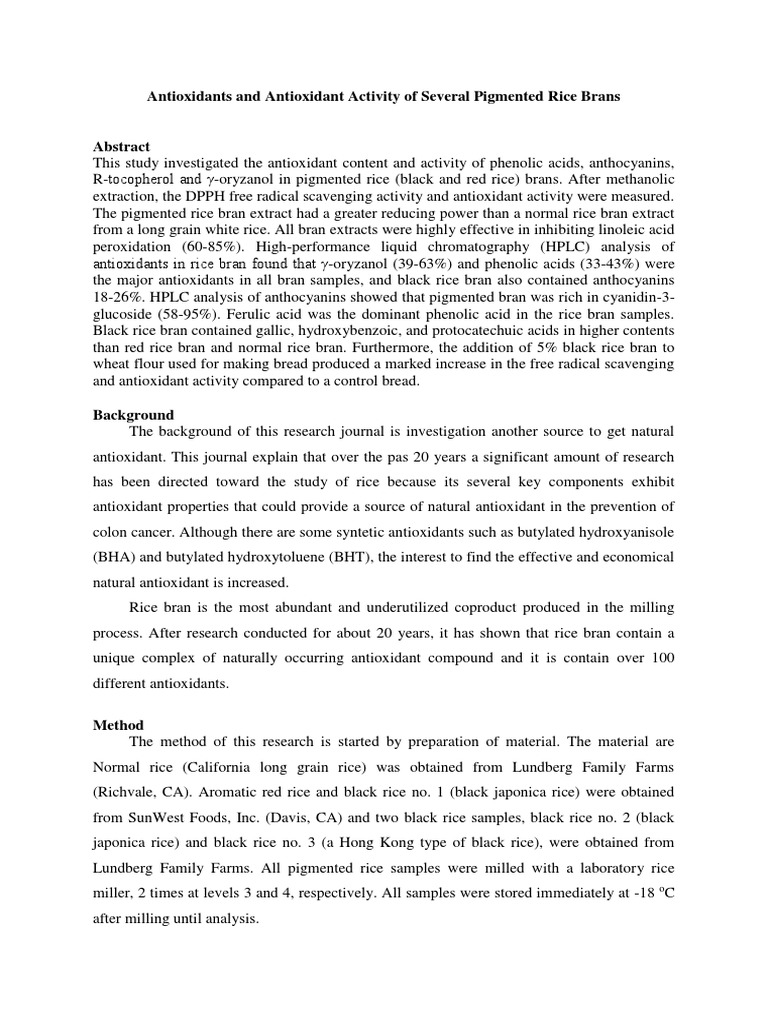 Antioxidants and Antioxidant Activity of Several Pigmented Rice Brans ...