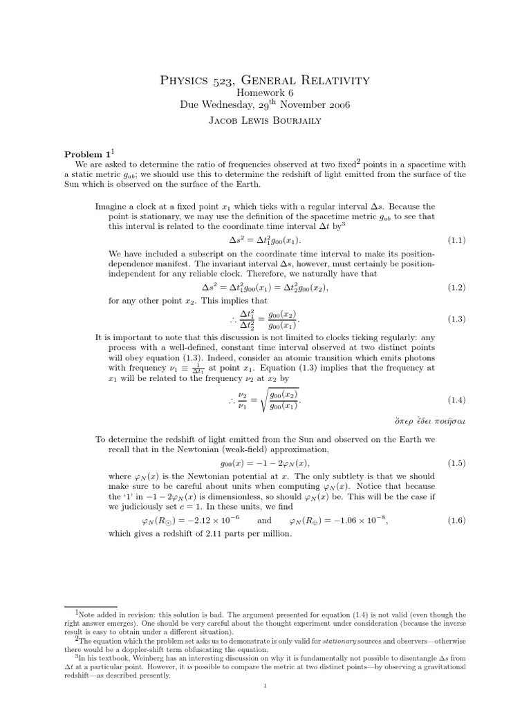 Physics, General Relativity: Homework Due Wednesday, November | PDF ...