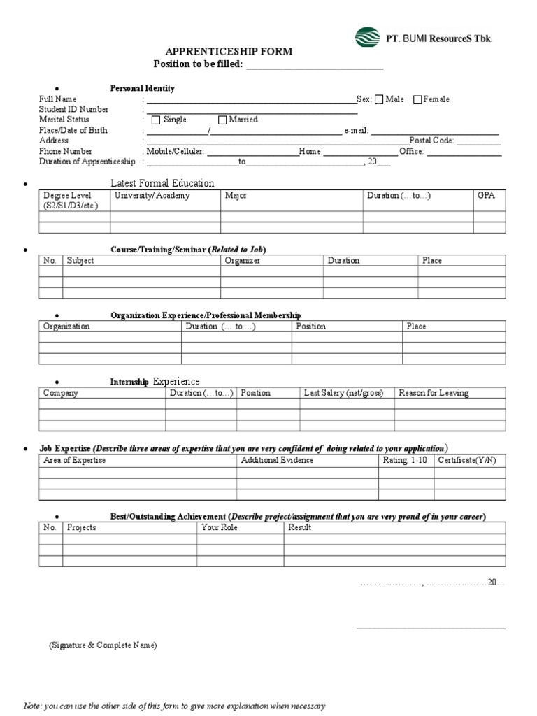 Latest Formal Education: Apprenticeship Form Position To Be Filled | PDF