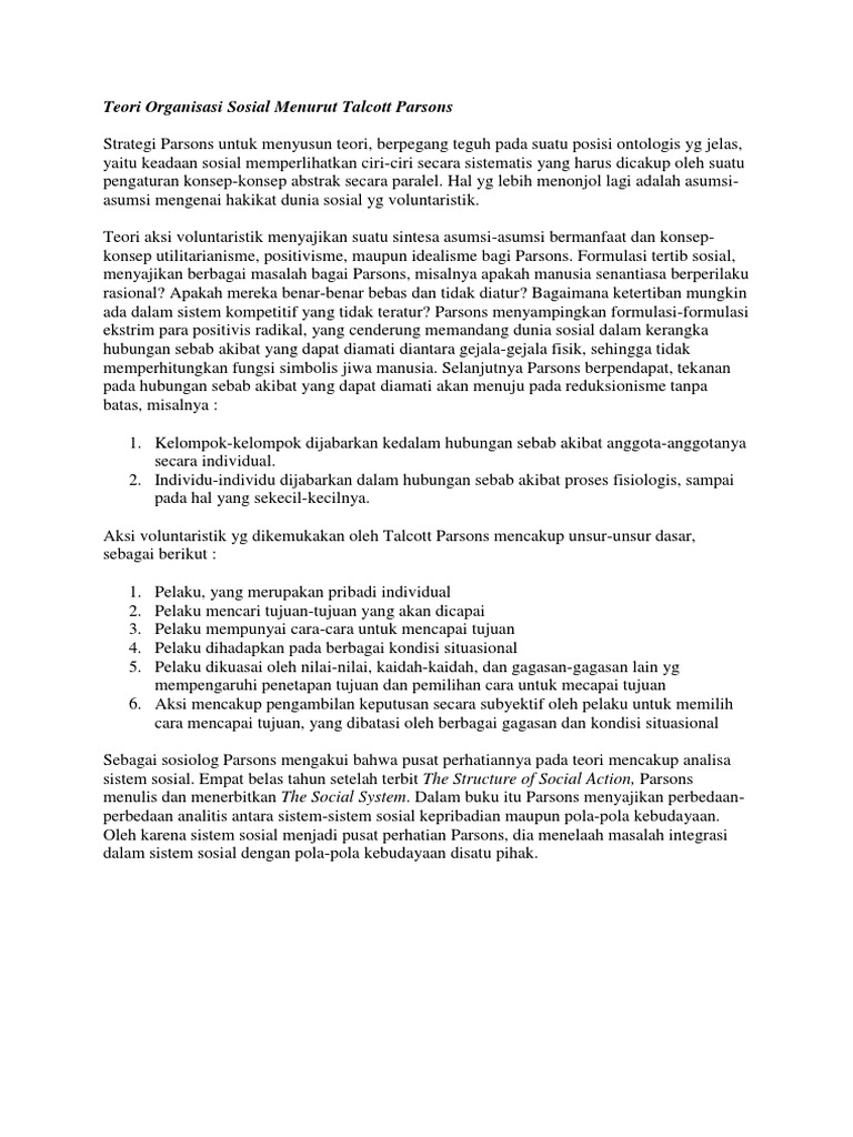 Teori Organisasi Sosial Menurut Talcott Parsons | PDF