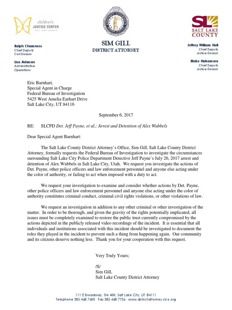 Salt Lake City District Attorney Sim Gill's Letter To The FBI | PDF ...