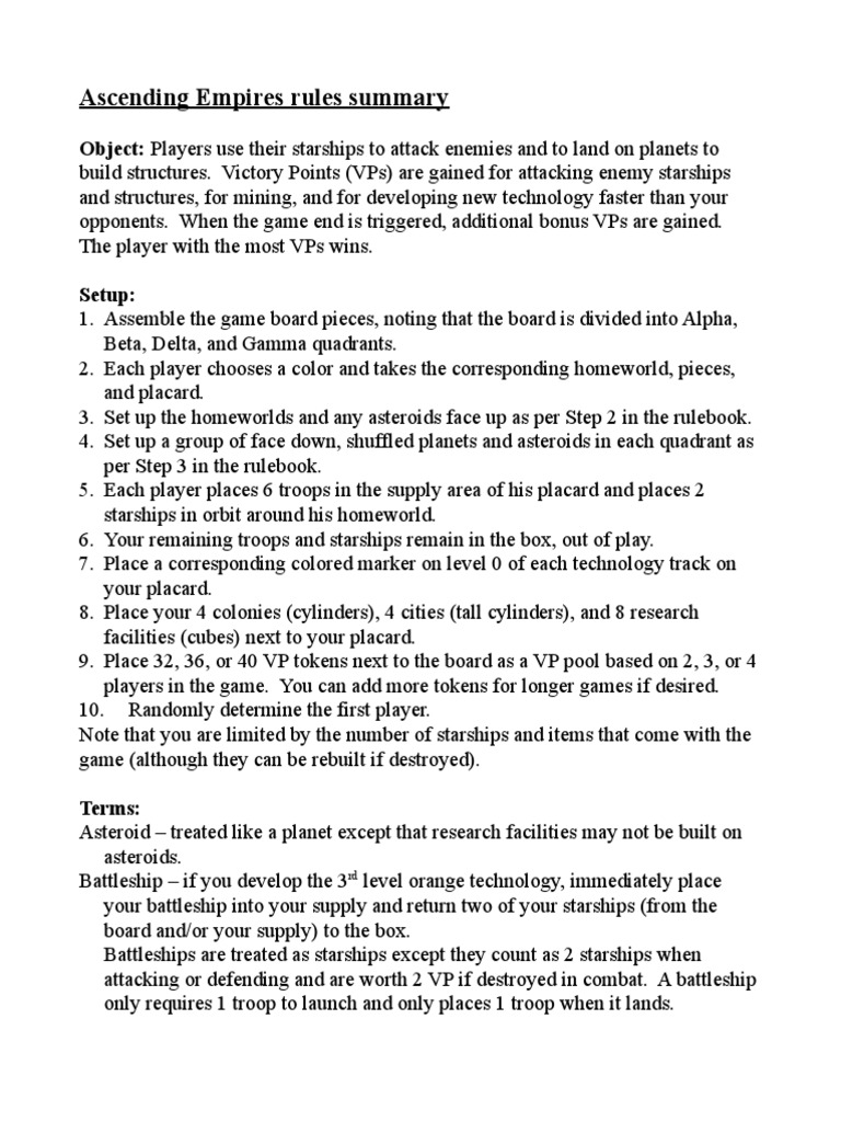 Ascending Empires Rules Summary v1 | PDF | Battleship | Planets
