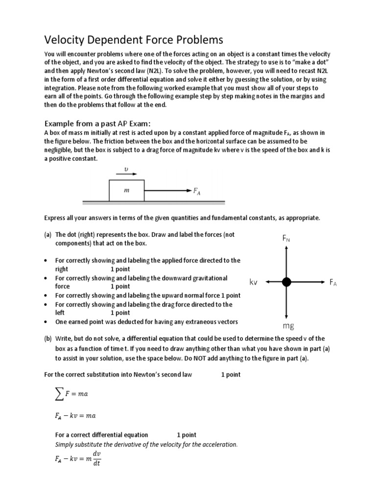 Velocity Dependent Force Problems | PDF | Velocity | Force