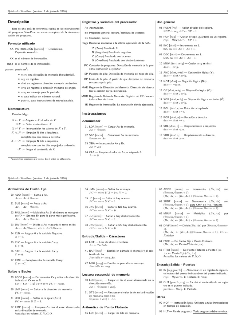 Guía Rápida de Instrucciones SimuProc | PDF | Poco | Memoria del ordenador