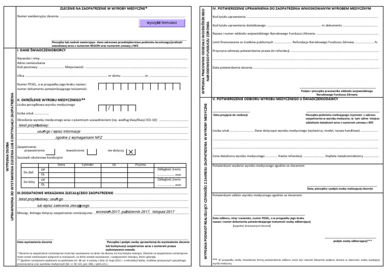 Formularz NFZ - Zlecenie Na Zaopatrzenie W Wyroby Medyczne | PDF