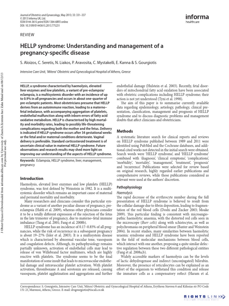HELLP Syndrome: Understanding and Management of A Pregnancy-Specifi C ...