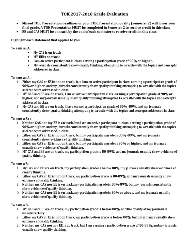 Tok 2017 Grade Evaluation | PDF | Quality Of Life | Cognition