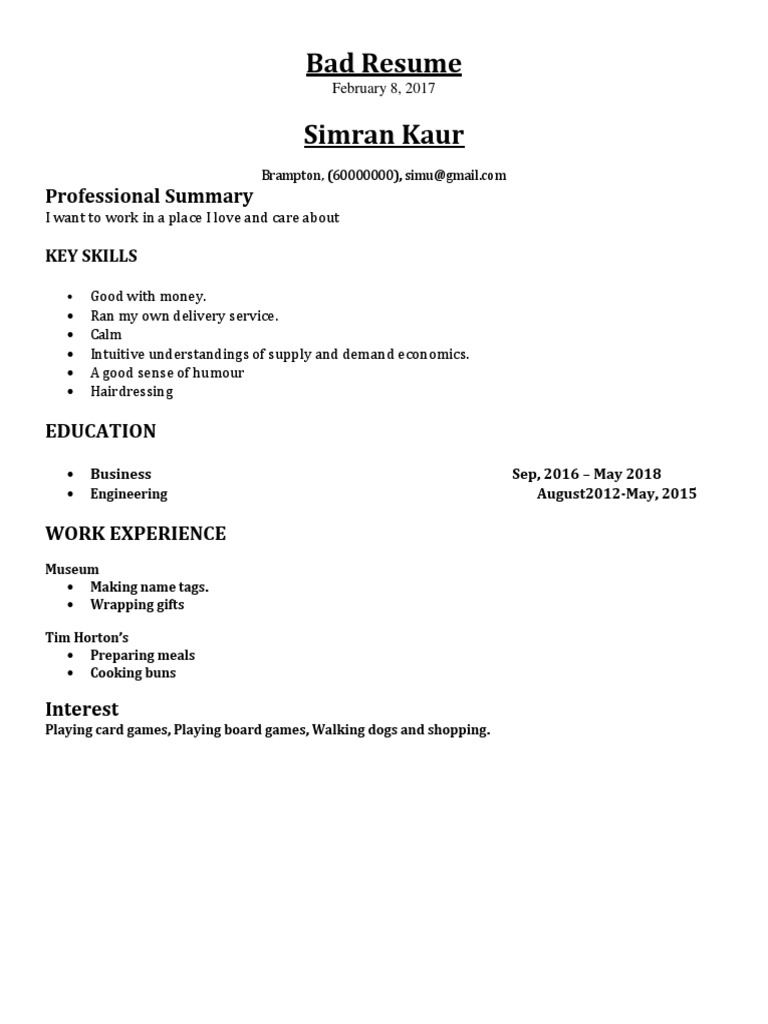 Bad Resume Simran Kaur: Professional Summary | PDF