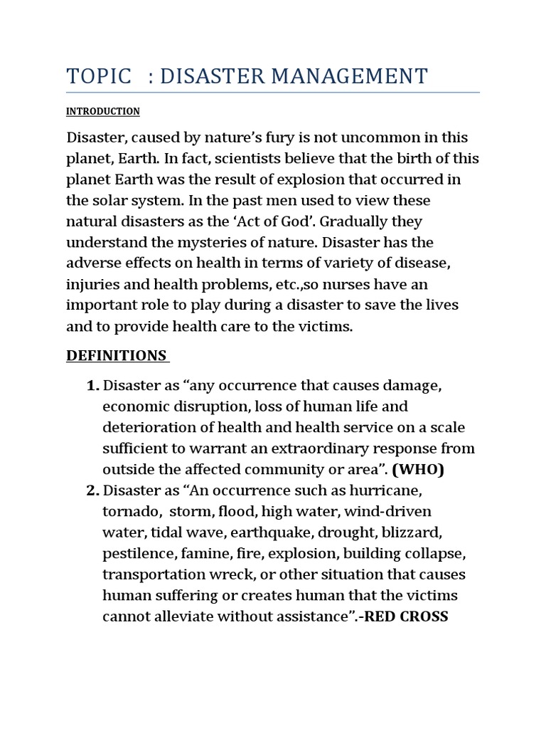 Topic: Disaster Management: Definitions 1. Disaster As "Any Occurrence ...