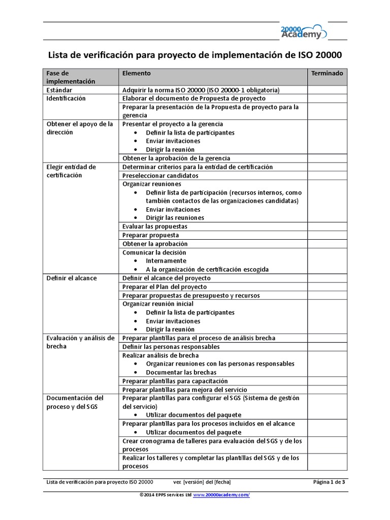 ISO20000 Implementation Project Checklist 20000academy ES | PDF ...