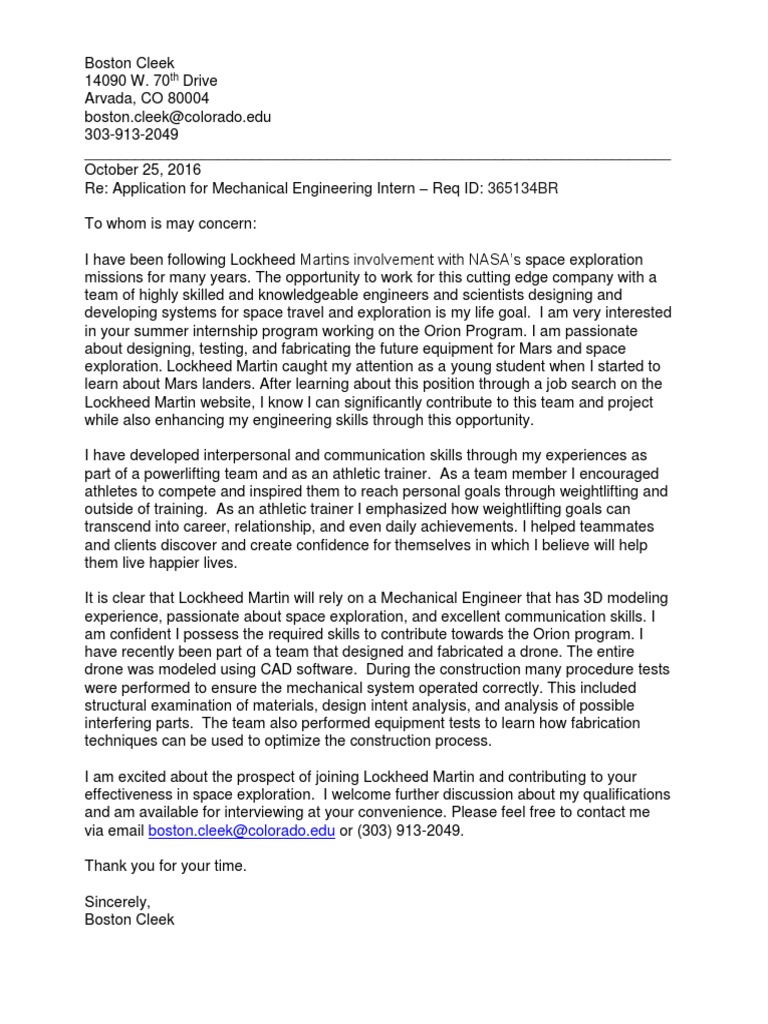 Cover Letter | PDF | Lockheed Martin | Space Exploration