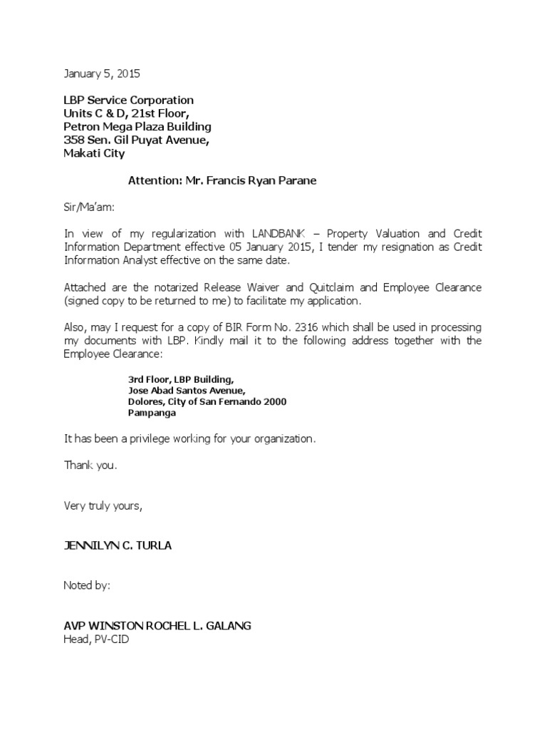 Resig. Letter, Clearance and Quit Claim(1) | Employee Benefits | Employment