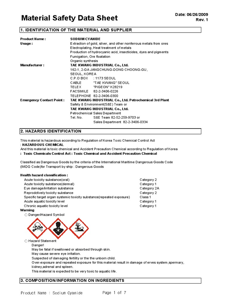 Sodium Cyanide Ms Ds | PDF | Toxicity | Dangerous Goods
