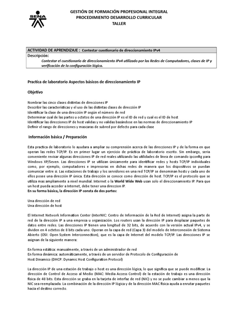Taller - 1 de Direccionamiento IP | PDF | Dirección IP | Controlador de interfaz de red