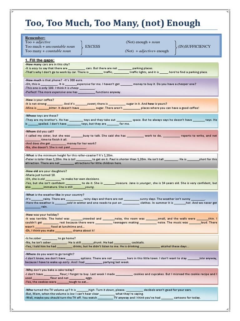 Too Too Much Too Many Not Enough Grammar Drills Sentence Transformation ...